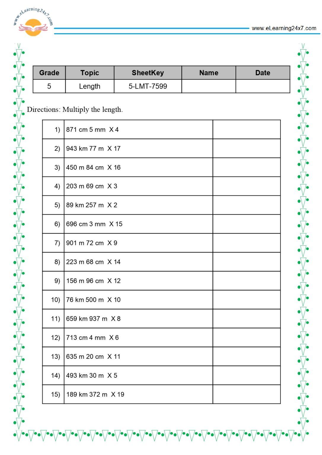 Measurements Worksheets For Grade 5 - https://eLearning24x7.com