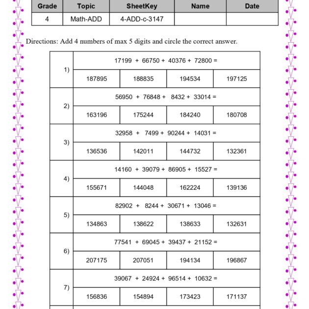 Addition Worksheets For Grade 4 - https://eLearning24x7.com