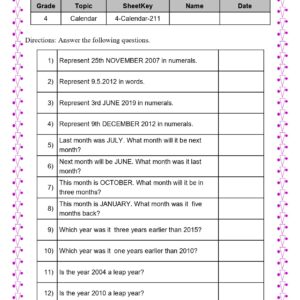 Calendar Worksheets For Grade 4 - https://eLearning24x7.com