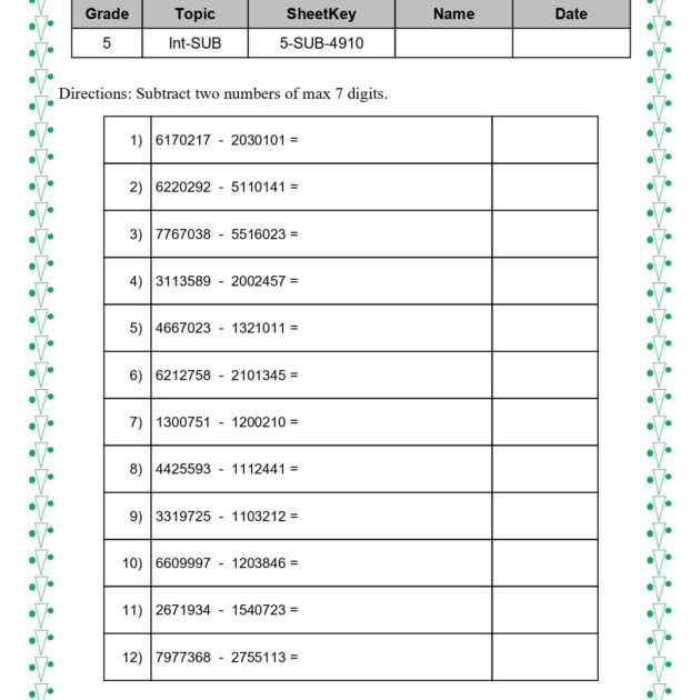 Subtraction Worksheets For Grade 5 - https://eLearning24x7.com