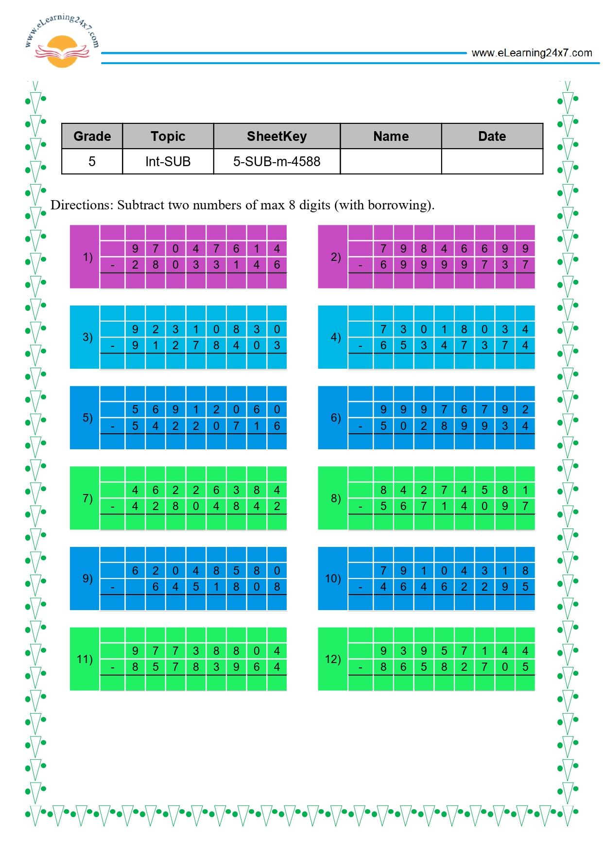Subtraction Worksheets For Grade 5 - https://eLearning24x7.com