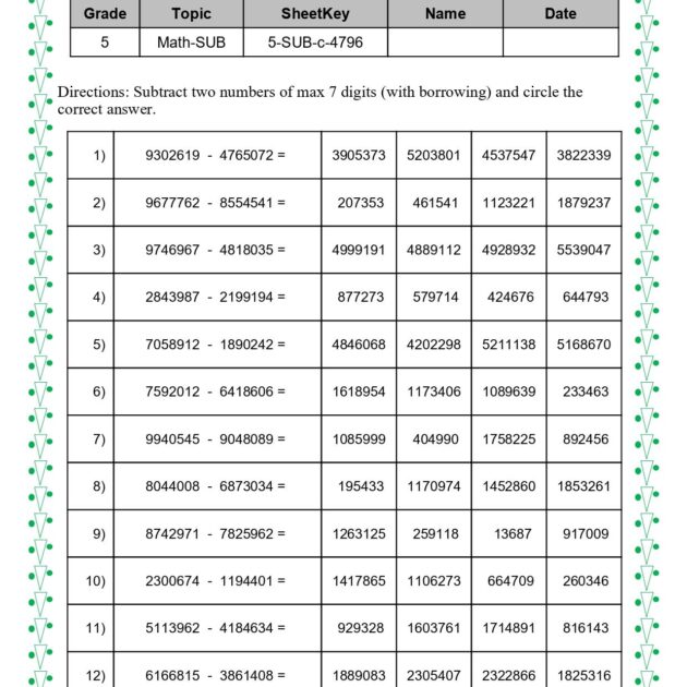 Subtraction Worksheets For Grade 5 - https://eLearning24x7.com