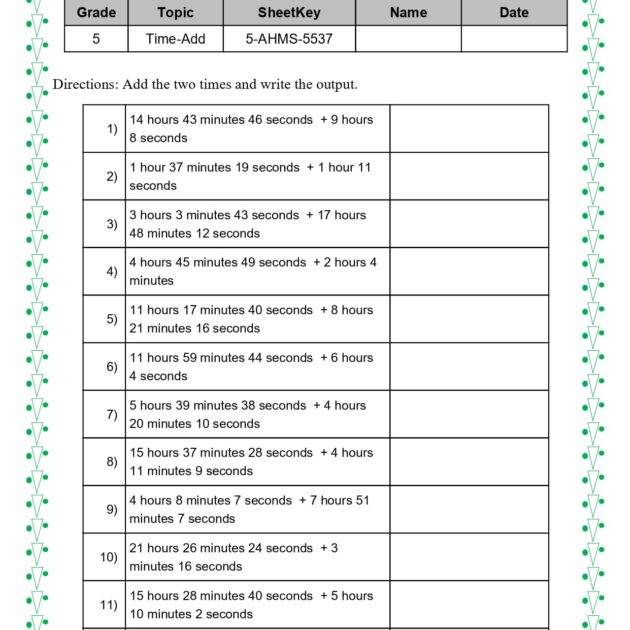 Time Worksheets For Grade 5 - https://eLearning24x7.com