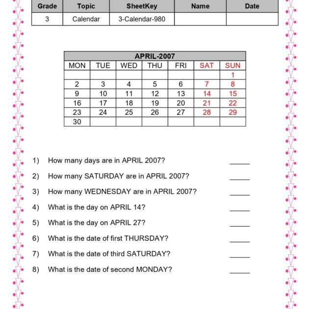 Calendar Worksheets For Grade 3 - https://eLearning24x7.com