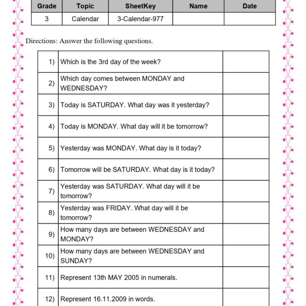 Calendar Worksheets For Grade 3 - https://eLearning24x7.com