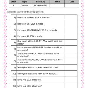Calendar Worksheets For Grade 3 - https://eLearning24x7.com