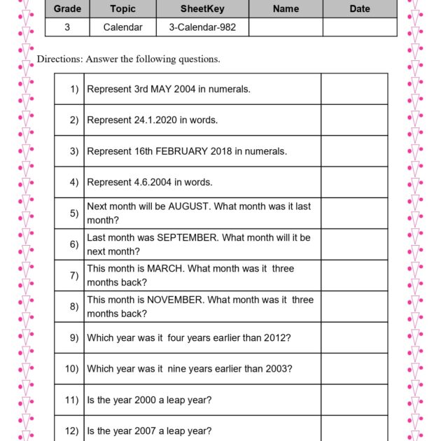 Calendar Worksheets For Grade 3 - https://eLearning24x7.com