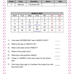 Calendar Worksheets For Grade 3 - https://eLearning24x7.com