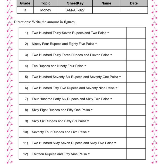 Money Worsheets For Grade 3 - https://eLearning24x7.com