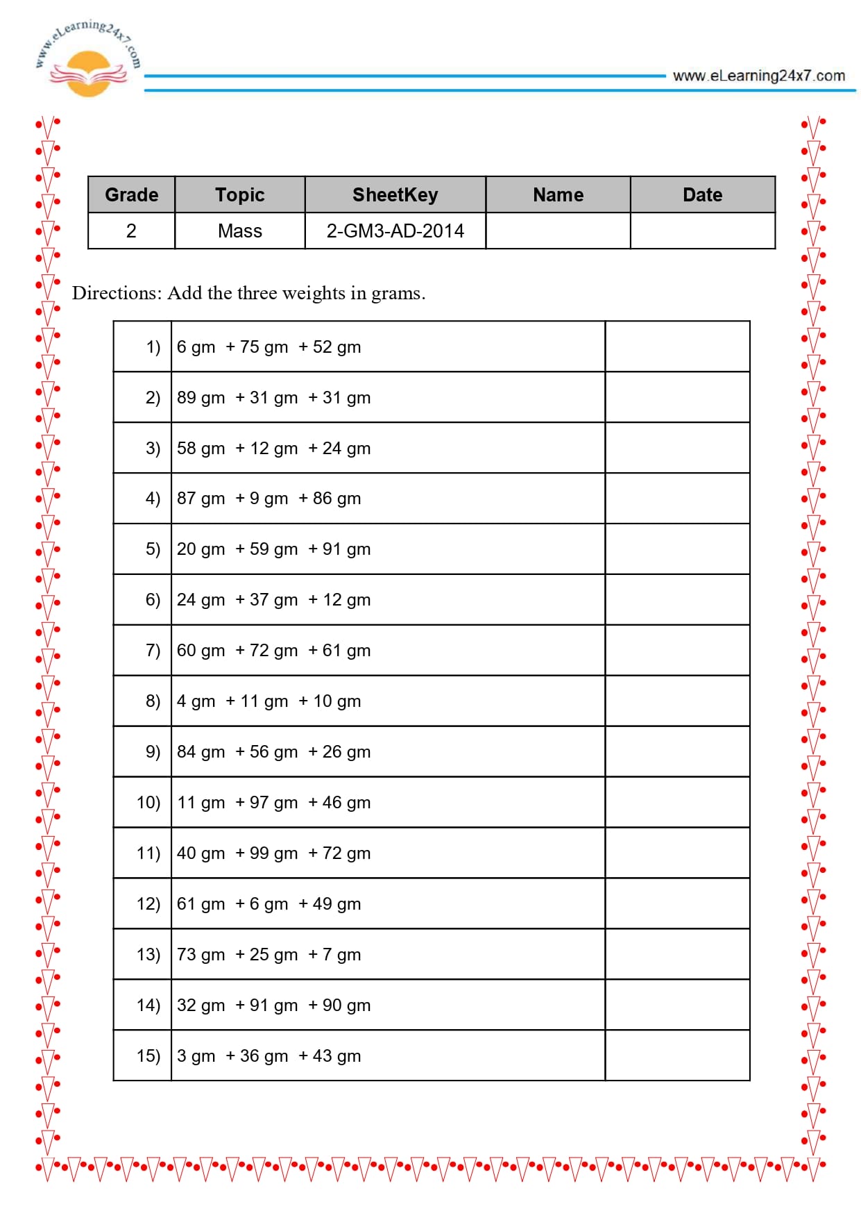 Mass Measurement Worksheets For Grade 2 - https://eLearning24x7.com