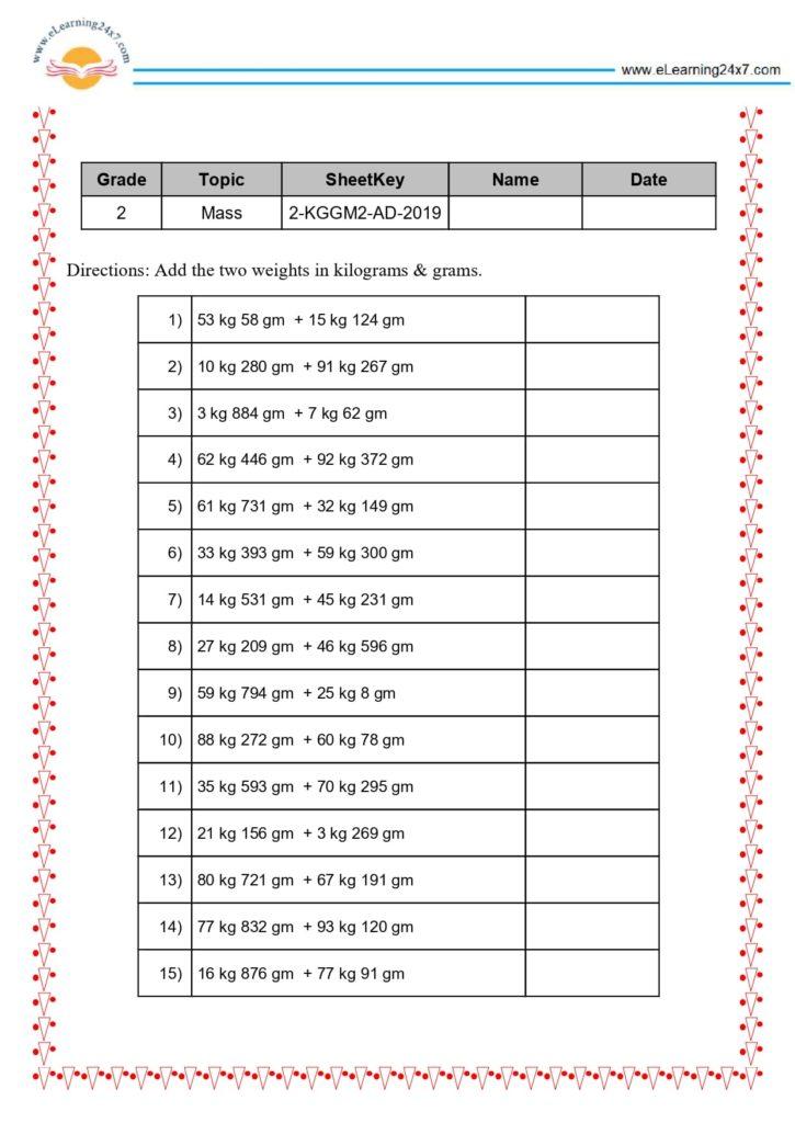 Mass Measurement Worksheets For Grade 2 - https://eLearning24x7.com