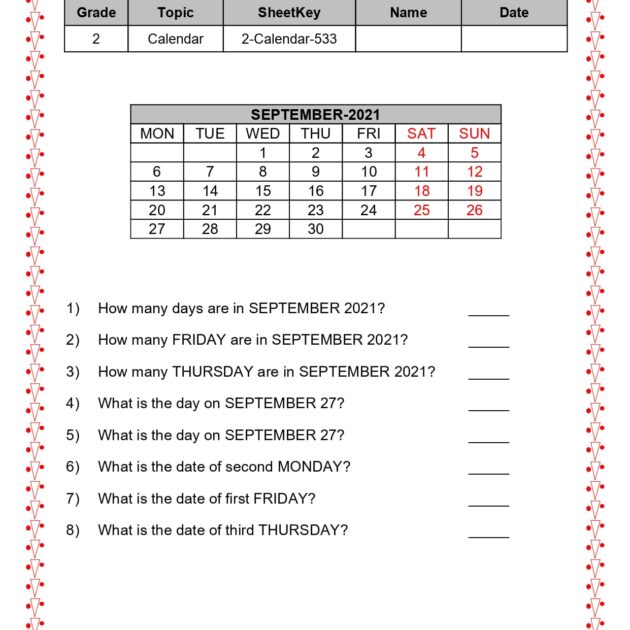 Calendar Worksheets For Grade 2 - https://eLearning24x7.com