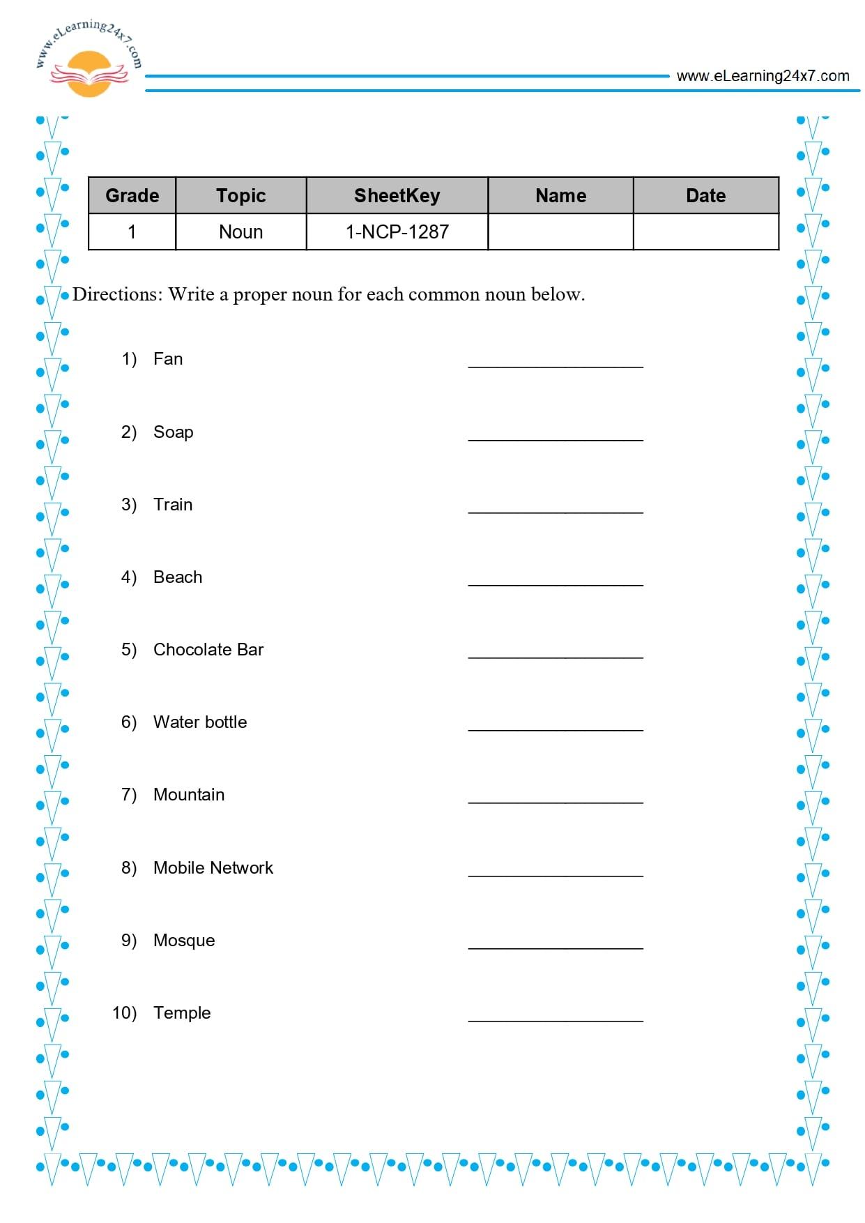 Write Proper Noun For Common Noun - https://eLearning24x7.com