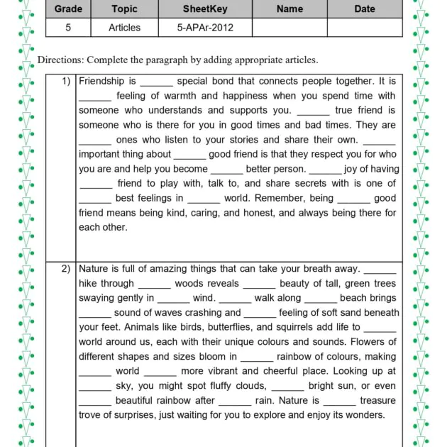 Articles Worksheets For Grade 5 - https://eLearning24x7.com