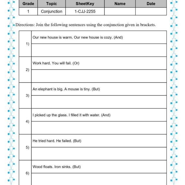 Conjunction Worksheets For Grade 1 - https://eLearning24x7.com