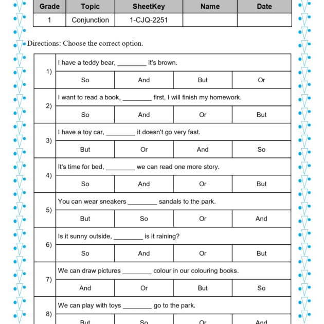 Conjunction Worksheets For Grade 1 - https://eLearning24x7.com