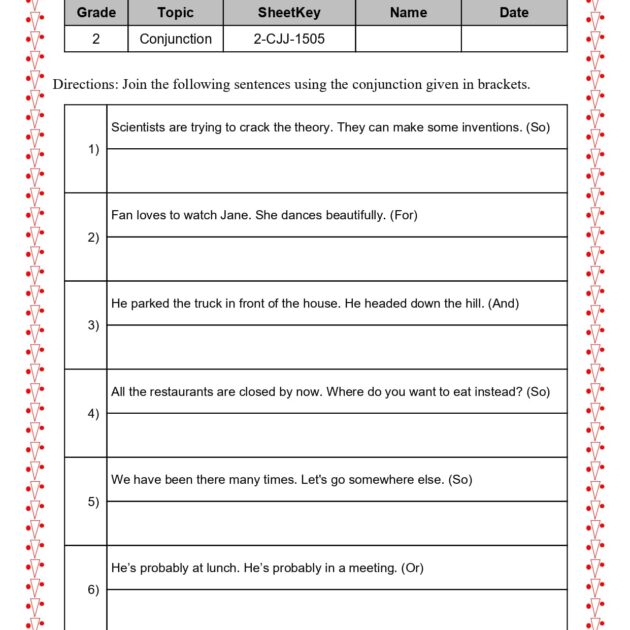 Conjunction Worksheets For Grade 2 - https://eLearning24x7.com