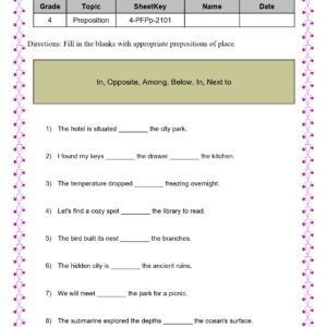 Preposition Worksheets For Grade 4 - https://eLearning24x7.com