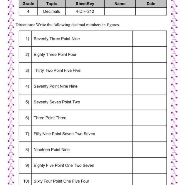 Decimals Worksheets For Grade 4 - https://eLearning24x7.com