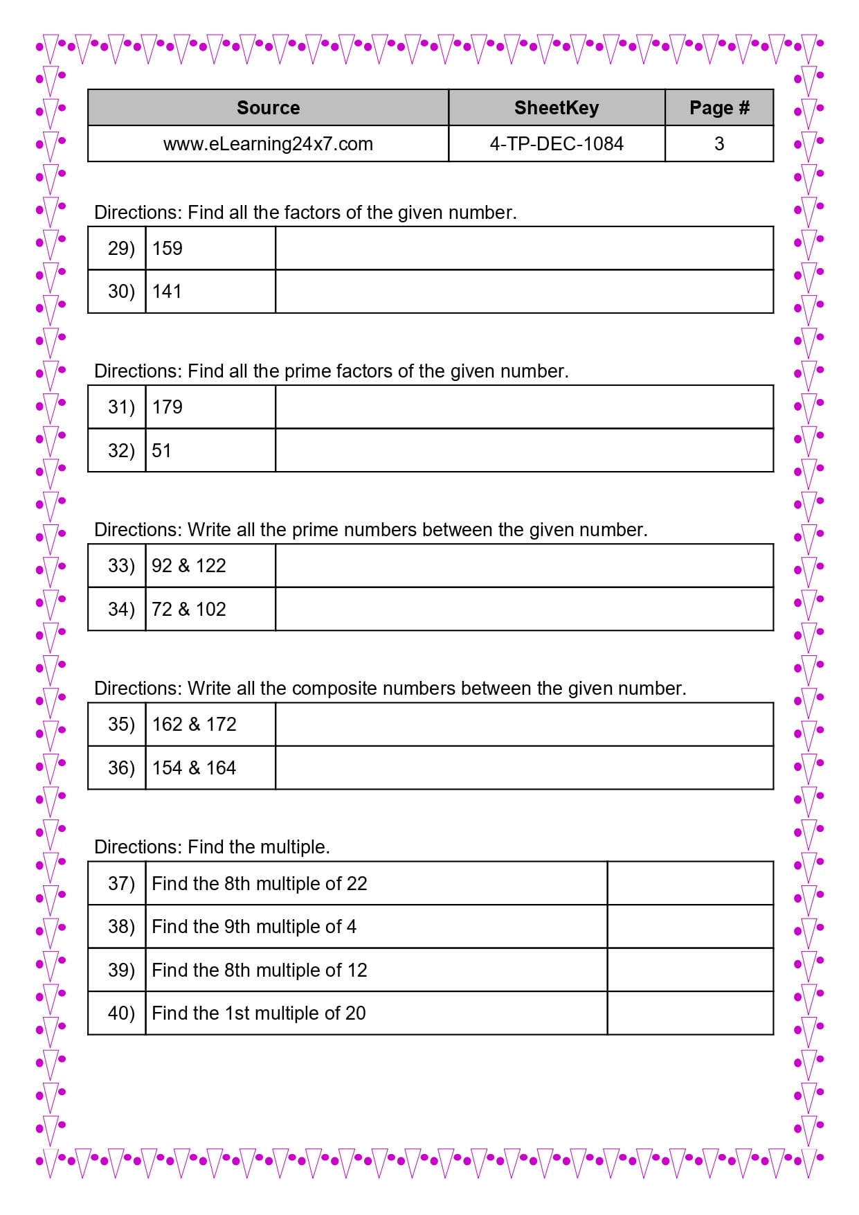 Factors And Multiples Mock Test Paper - https://eLearning24x7.com