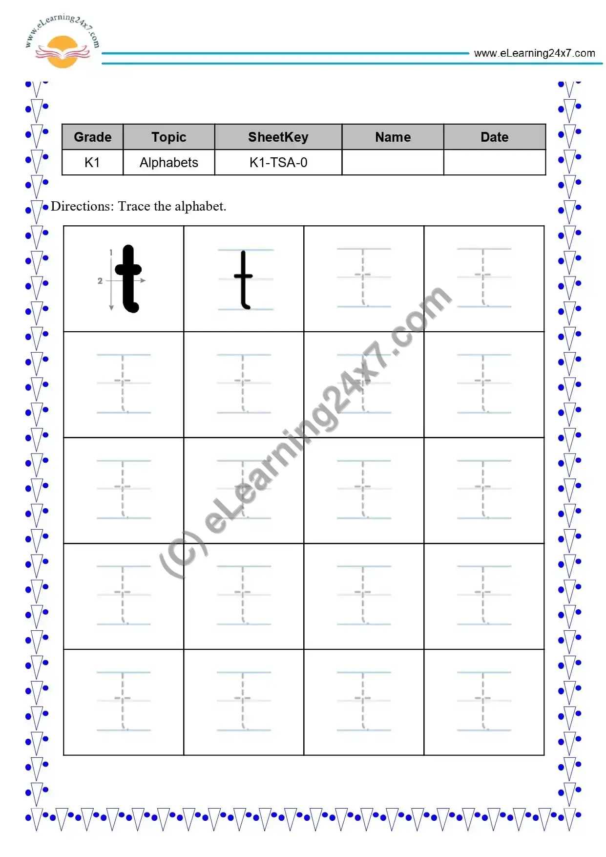 Trace An Alphabet : Lowercase ‘t’ - https://eLearning24x7.com
