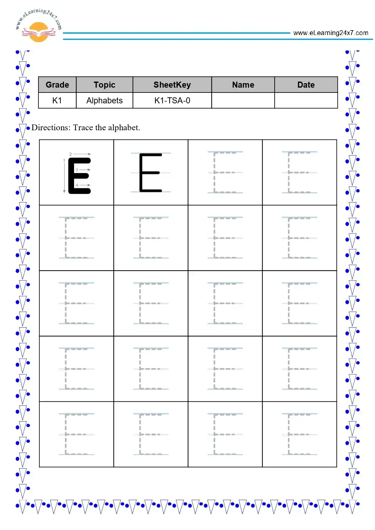 Trace An Alphabet : Uppercase ‘E’ - https://eLearning24x7.com