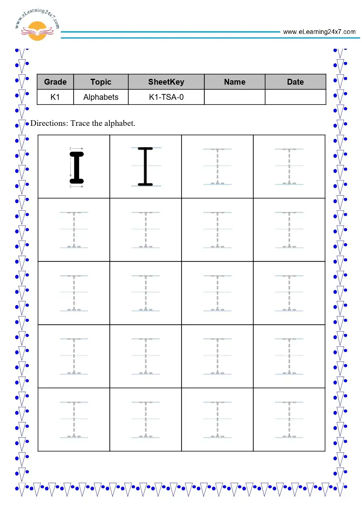 Trace An Alphabet : Uppercase ‘I’ - https://eLearning24x7.com