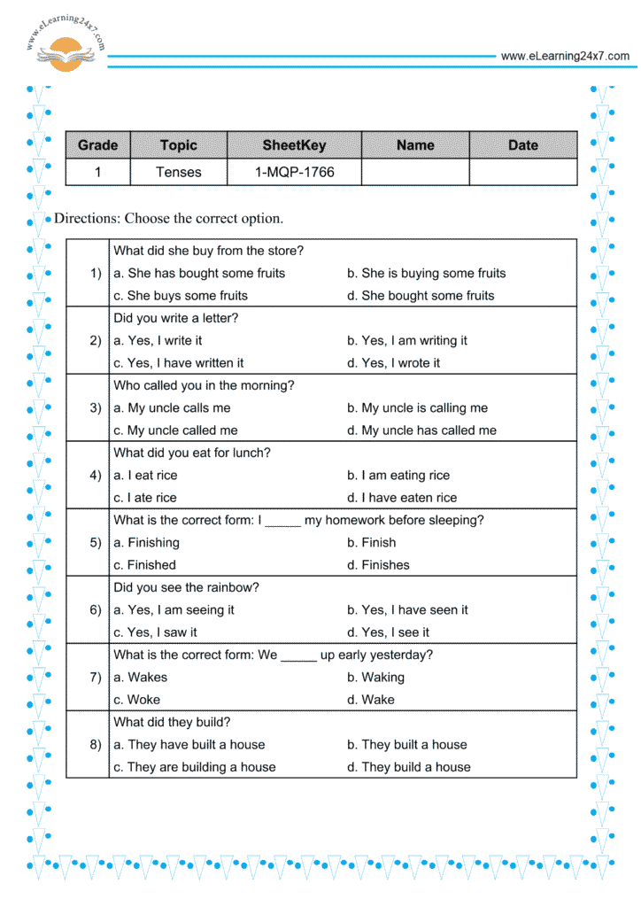 Tenses Worksheets For Grade 1 - https://eLearning24x7.com
