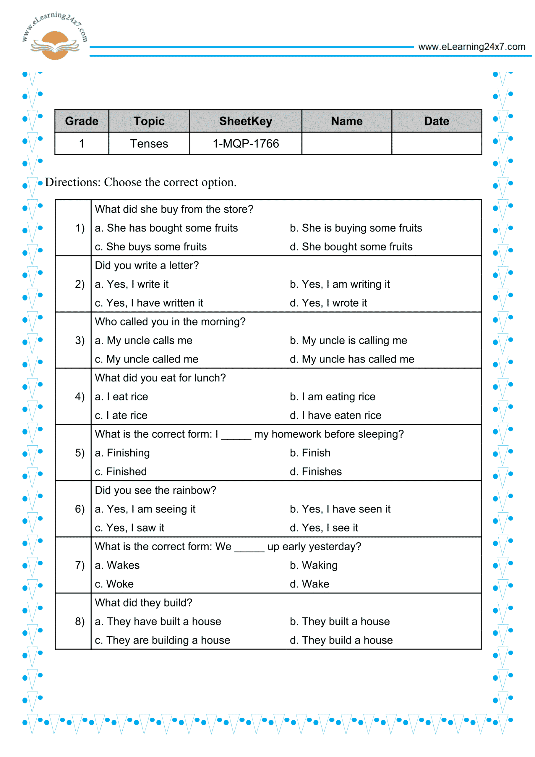 Tenses Worksheets For Grade 1 - https://eLearning24x7.com