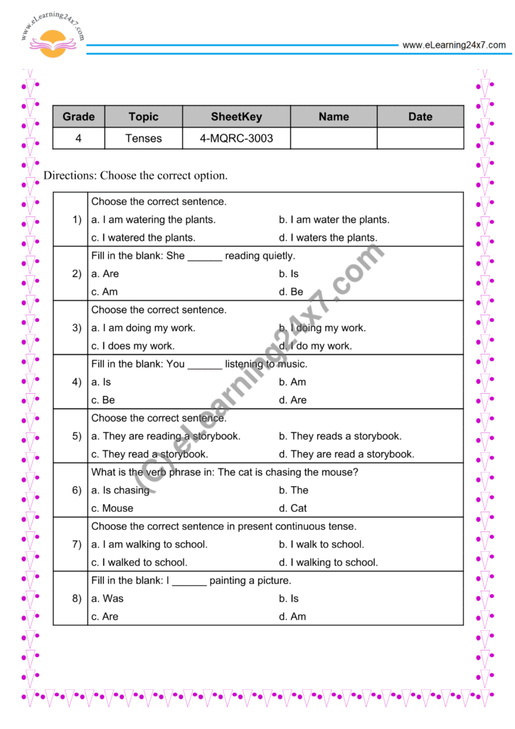 Tenses Worksheets For Grade 4 - https://eLearning24x7.com
