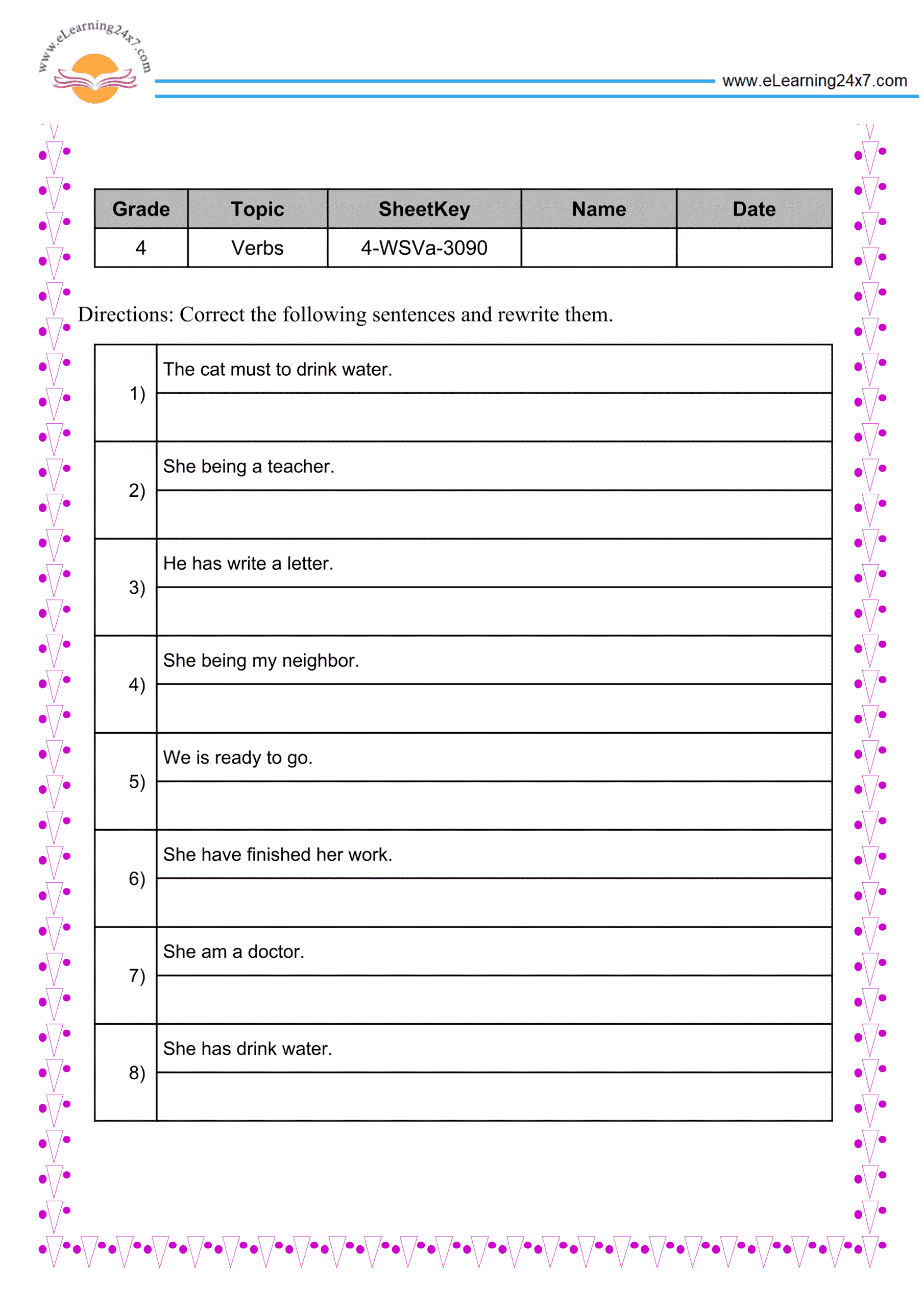 Verbs Worksheets For Grade 4 - https://eLearning24x7.com
