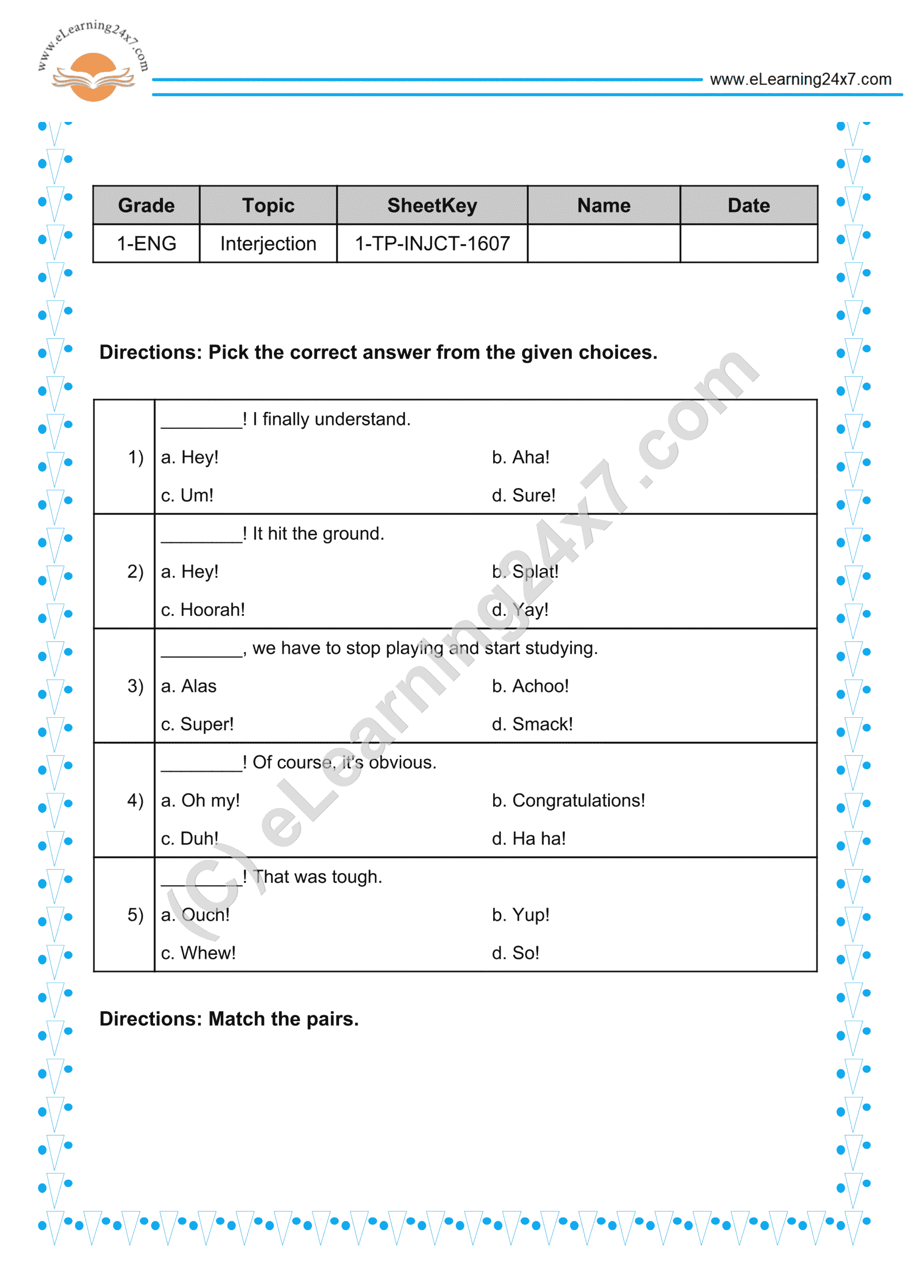Interjection Mock Test Paper For Grade-1 - https://eLearning24x7.com