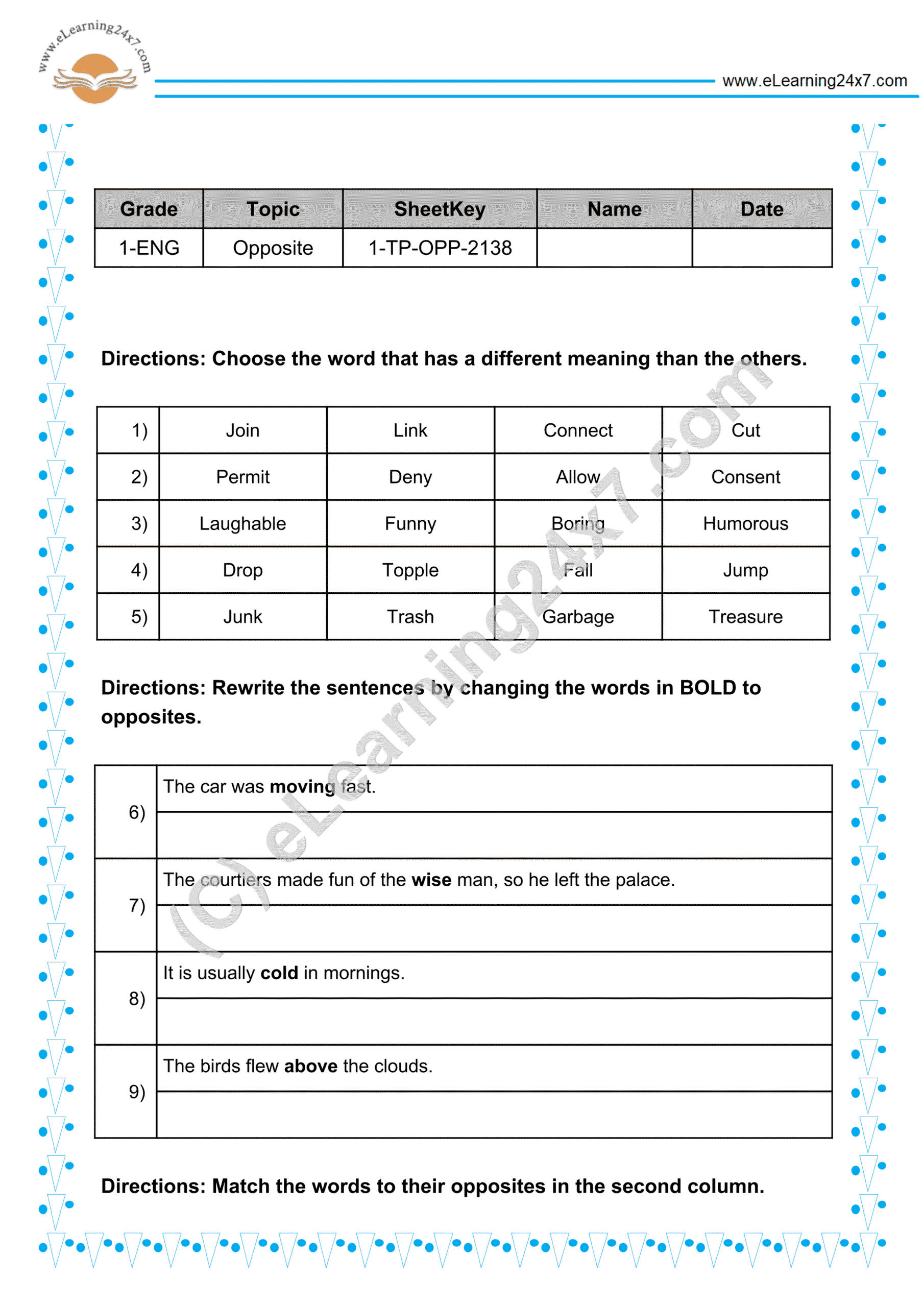 Opposites Mock Test Paper For Grade-1 - https://eLearning24x7.com